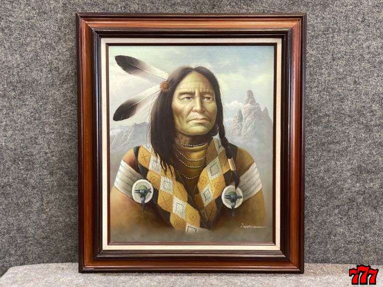 Framed Native American Canvas Painting - 777 Auction Company