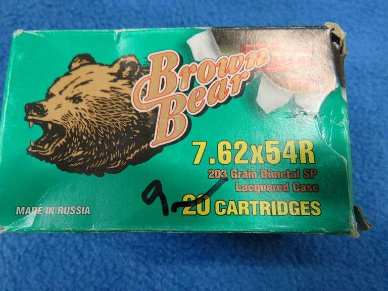 Eight Brown Bear 7.662 x 54R rounds in box and nine 7.62 x 39 rounds in ...
