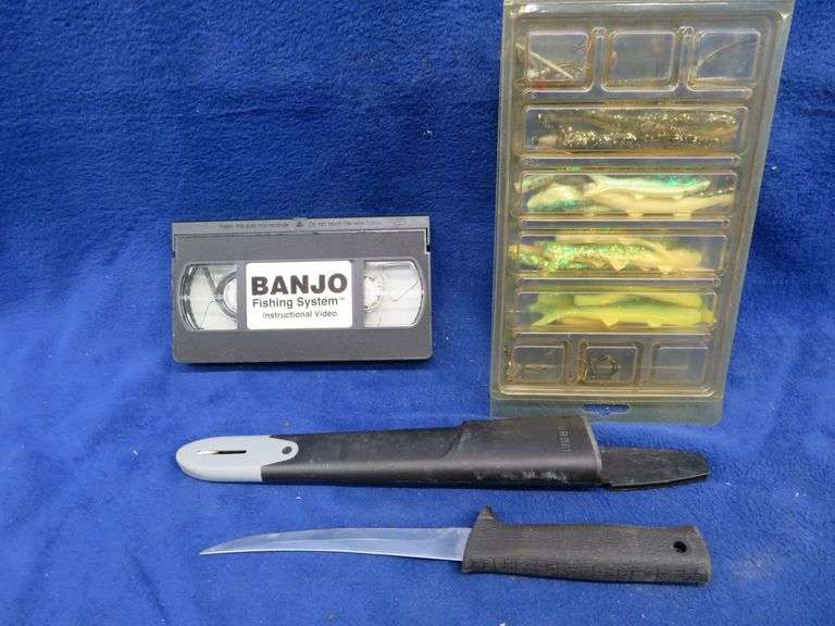 Banjo fishing system including lures and VHS tape. Gerber fillet knife ...