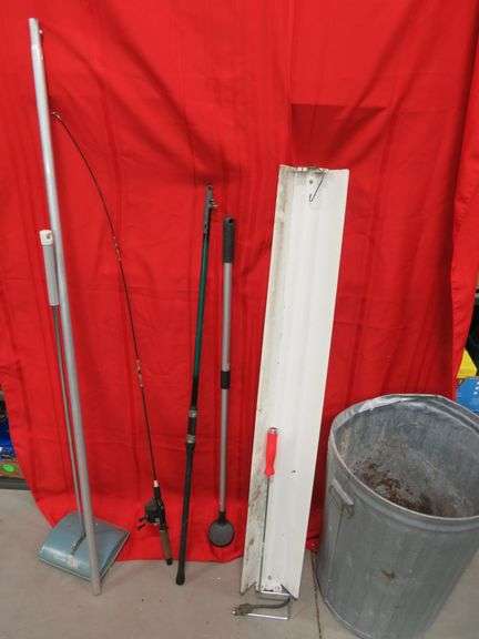 Zebco 202 and rod, Collapsible cane pole, Hoky push broom, Magnet on ...