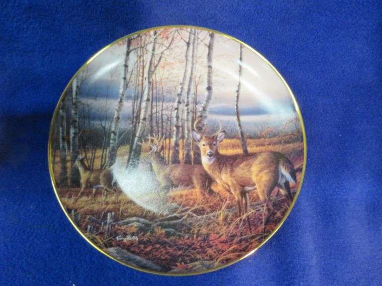 Two Terry Redlin collector plates, faux antler lamp, some tiny plastic ...