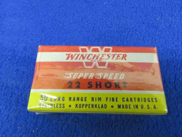 50 22 Short cartridges in a vintage Winchester Super Speed box that is ...