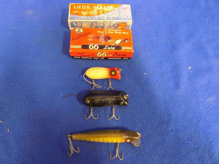 Old fishing lures and boxes and a metal tackle box - AAA Auction and Realty