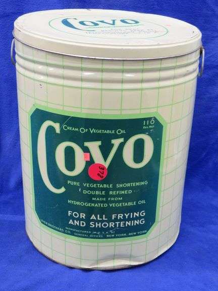 Vintage appx. 15-gallon? Covo vegetable oil tin in very good condition ...