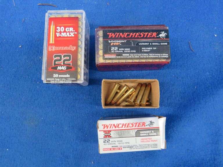 108 rounds of .22 mag. 50 Hornady V-Max 30 grain. 50 Winchester Varmint ...