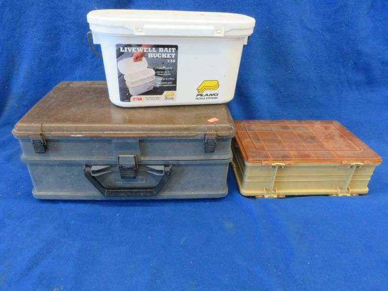 Two Plano tackle boxes with a some tackle and a livewell bait bucket ...