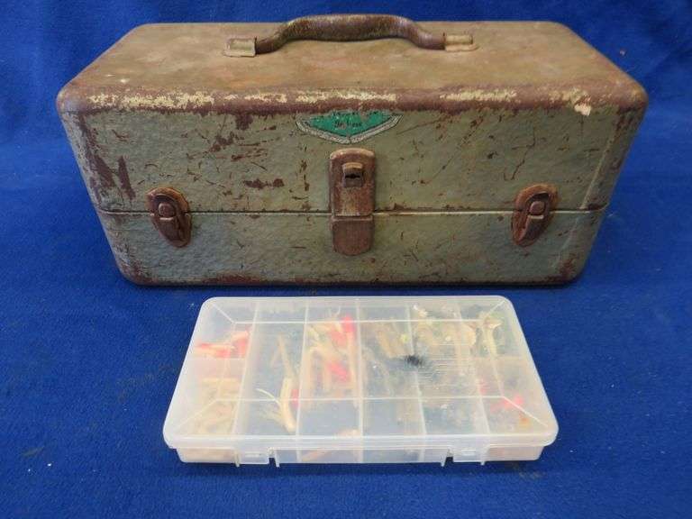 Vintage metal tackle box with contents and a Plano 3450 box with ...