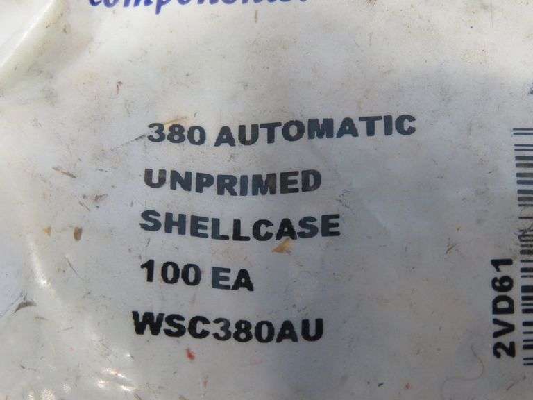 Two unopened bags of 100 ea. .380 Auto shell cassings, 16 empty and ...