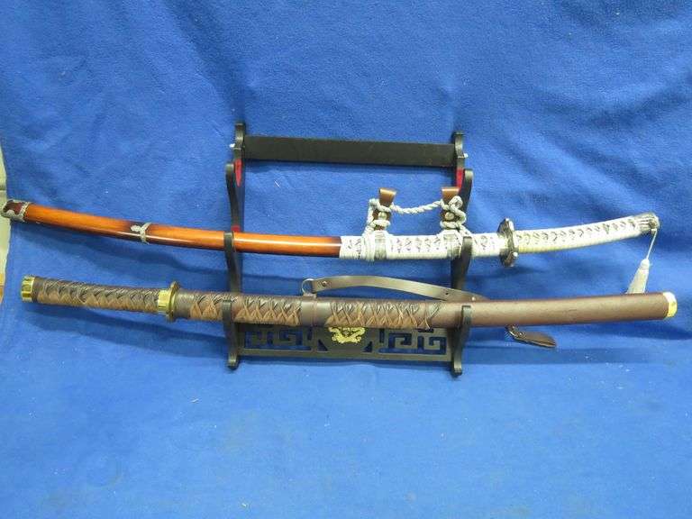 Two Samurai sword replicas 40" & 41" with a wall mount rack - AAA ...