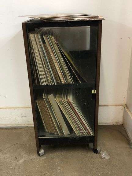3ft Wooden Record display case with glass door and various records ...