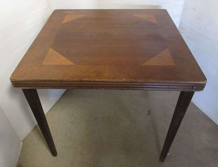 Early Wood Folding Card Table with Inlay Design, Legs Fold Under ...