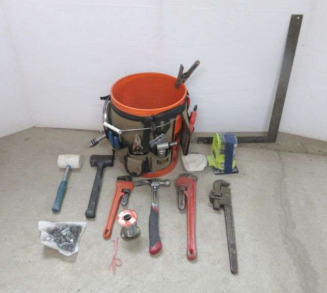 Bucket with Tool Holder, Filled with Tools, Including: RYOBI 18V Sander ...