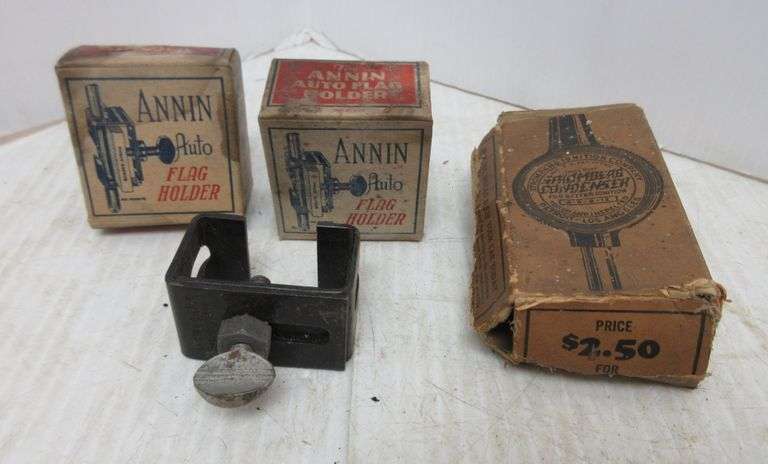 (2) Antique Annin Auto Flag Holders in Original Box, and Stromberg ...