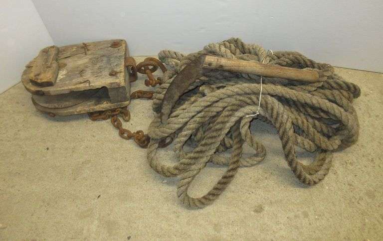 Antique Wooden Rope Pulley, Sickle, and Barn Farm Rope - Albrecht ...