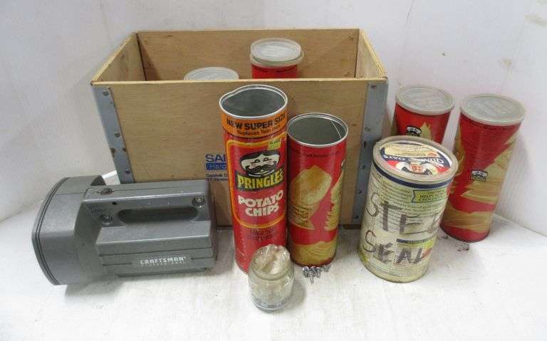 (6) Older Pringles Cans Filled with Items, and a Craftsman Flashlight ...