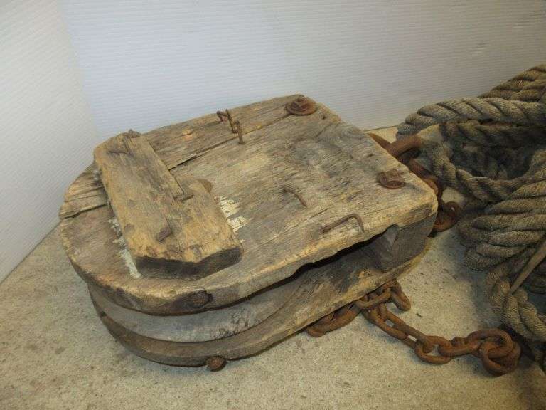 Antique Wooden Rope Pulley, Sickle, and Barn Farm Rope - Albrecht ...