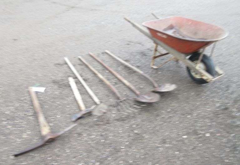 Craftsman Heavy Duty Wheelbarrow and Yard Tools, Include: Shovels, Pick ...