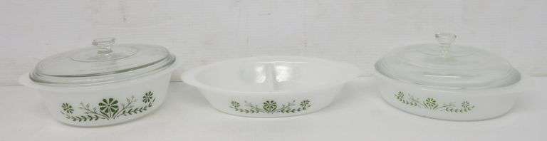 Glasbake Cookware Items, Matching Green Flower Design, Includes: Two ...