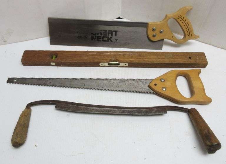 Antique Draw Knife, Wood Level, Mitre Saw, and Double Sided Saw ...