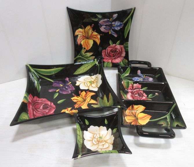 Four-Piece Serving Dishes, Pacific Rim, Black Floral, Includes: Three ...