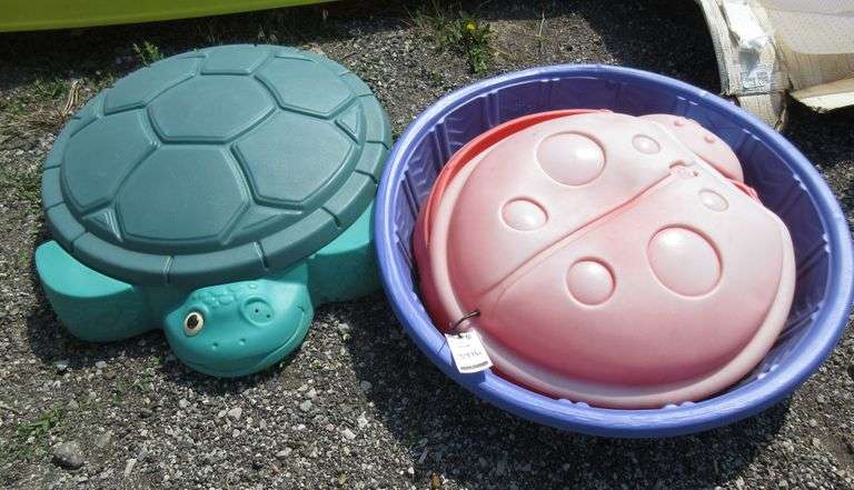 Little Tikes Turtle Sandbox, Step 2 Ladybug Sandbox, and Purple Pool ...