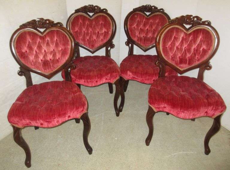 (4) Victorian Red Heart Back Chairs with Carved Roses - Albrecht ...