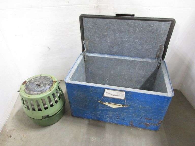 Old Cooler, 22 1/4"W x 13 1/4"D x 13"H; Old Coleman Heater, 10"H ...