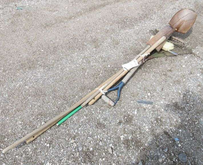 Yard Tools, Including: Shovels, Leaf Rake, Bow Rake, Hoe, and Broom ...
