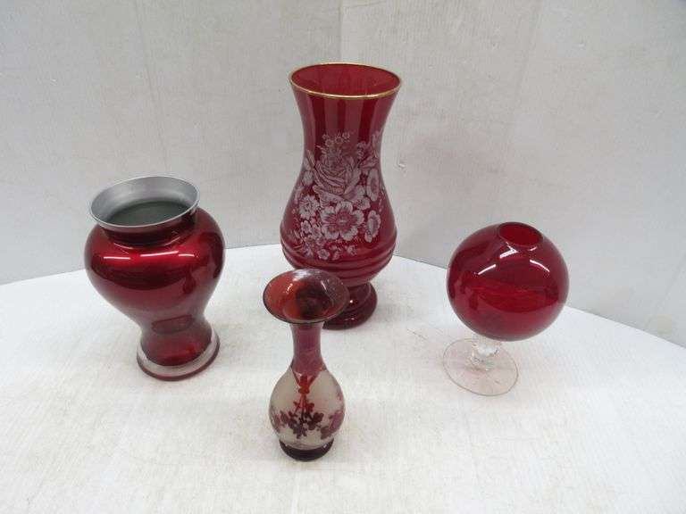 Steamed Ruby Ivy Bowl, 7"H; Hand Painted Ruby Vase with Gold Trim, 10 1 ...