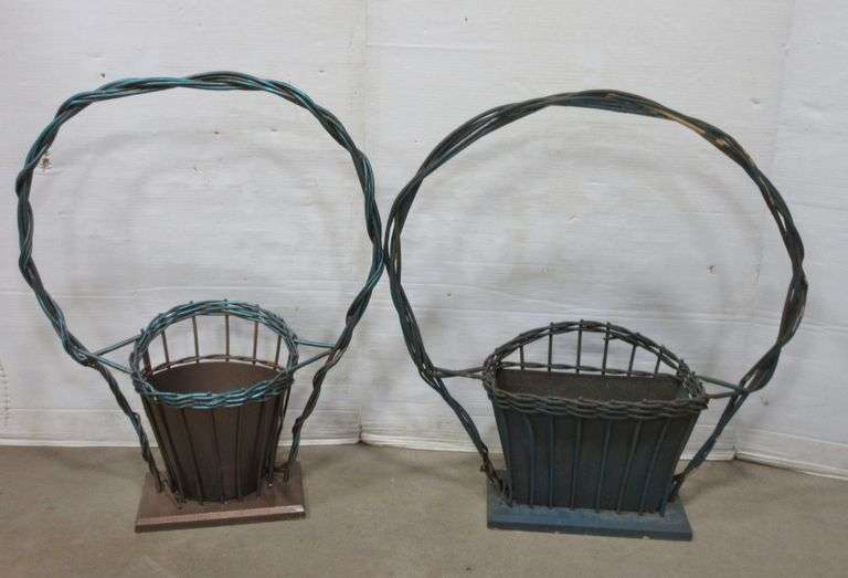 (2) Older Green Wicker, and Metal Wood Based Graveside/Cemetery Baskets ...