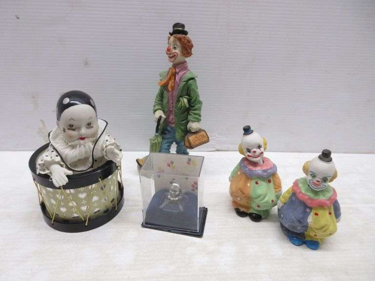 Clown Moving in Drum Music Box, Works; (2) Porcelain Clown Nodder Banks ...