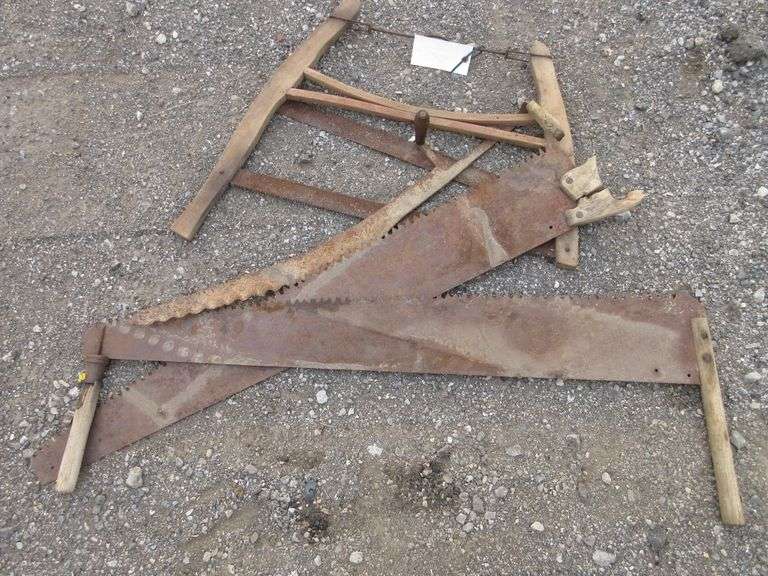 (3) Old Saws: 1- Two Handle Saw, 48"; 1- Long Blade Saw, 50", Broken ...