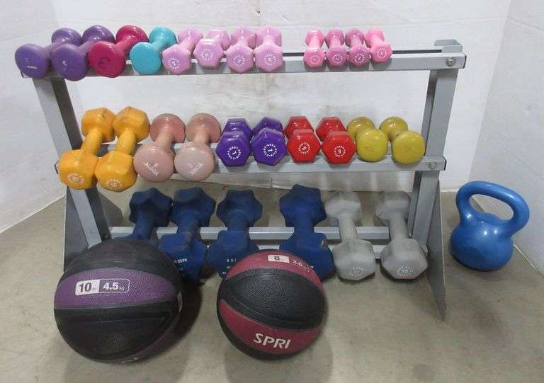 Dumbbell Rack with Dumbbells, (2) Spri Medicine Balls, and a 10 lb ...