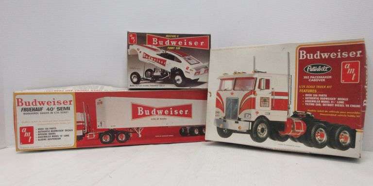 (3) Budweiser Models: 1- Fruehauf 40' Semi, 1/25 Scale; 1- Peterbilt ...