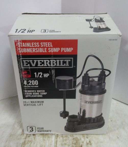 Everbilt 1/2 HP Stainless Steel and Cast Iron Sump Pump - Albrecht Auction Service
