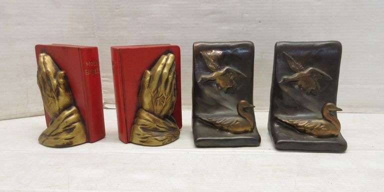 (2) Sets of Book-Ends: 1- Holy Bible with Praying Hands, and 1- Duck ...