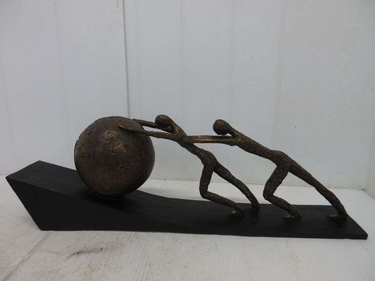 Large Modern Art Teamwork Statue, Two Figures Together Pushing a Large ...