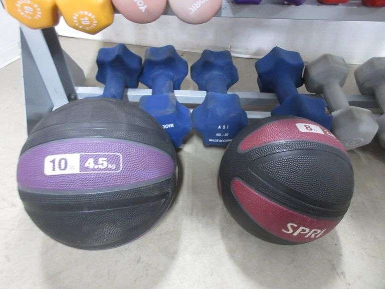 Dumbbell Rack with Dumbbells, (2) Spri Medicine Balls, and a 10 lb ...