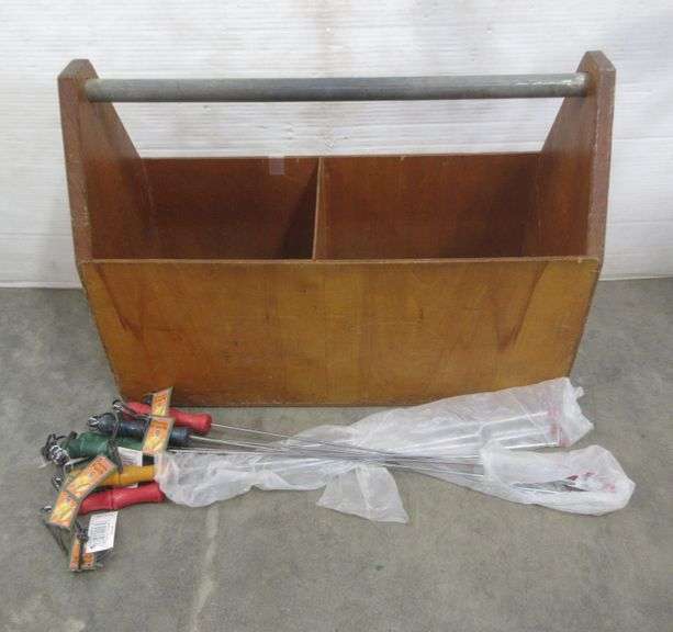 Old Wood Work Box, and (8) Fire Pit Forks - Albrecht Auction Service