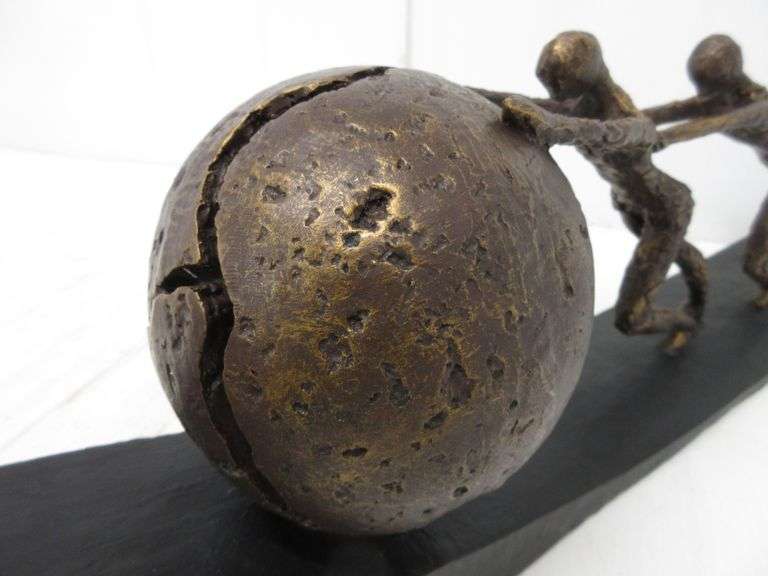 Large Modern Art Teamwork Statue, Two Figures Together Pushing a Large ...