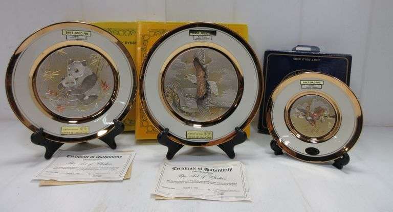 (3) Original Chokin Collection, Dynasty Gallery, 24K Gold Plates ...