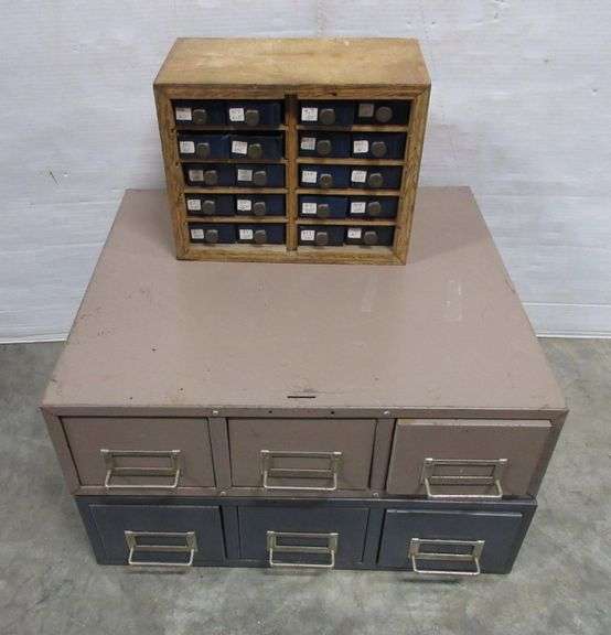 (2) Stackable Metal Parts Bins, and Wood Parts Bin with Resistors and ...