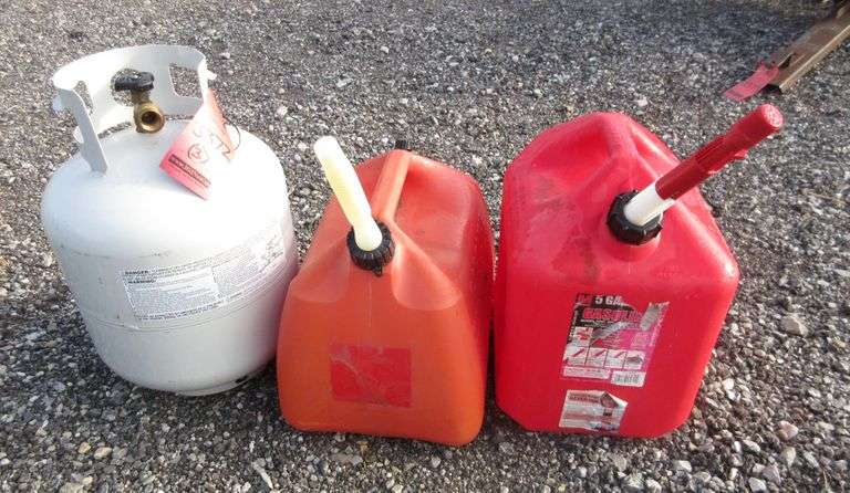 Propane Tank with New Style Valve, and (2) Five-Gallon Gas Cans ...