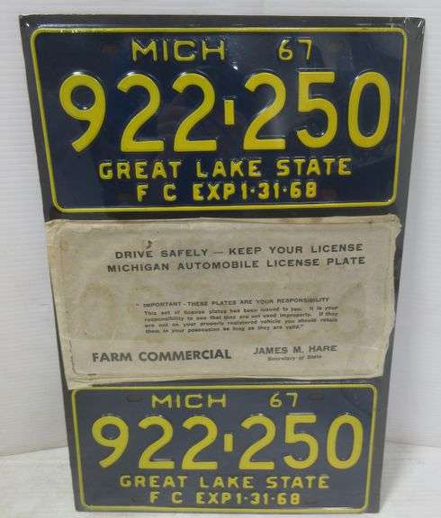 1967 Michigan Farm Commerical License Plate Set with Original Mailer ...