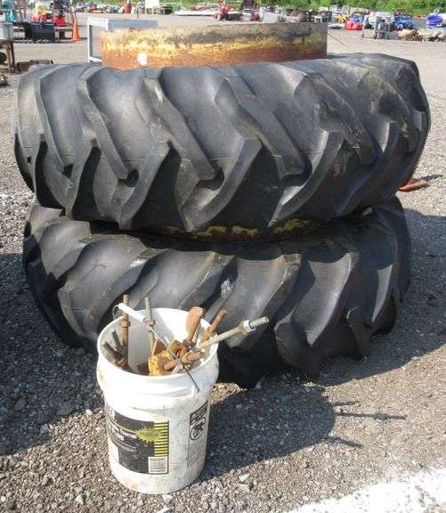 (2) 18.4-34 Tractor Tires, T-Rail Duals with Bucket of Hardware ...