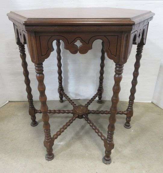 Dark Wood Ornate Hexagon Accent Table with Turned Spindle Design Legs ...