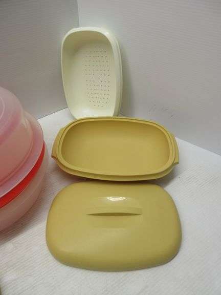 (2) Tupperware 3-piece harvest gold vegetable steamer, Batter Pro ...
