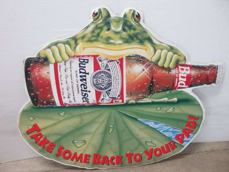 Budweiser frog pad beer metal advertising sign, "Take Some Back To Your ...