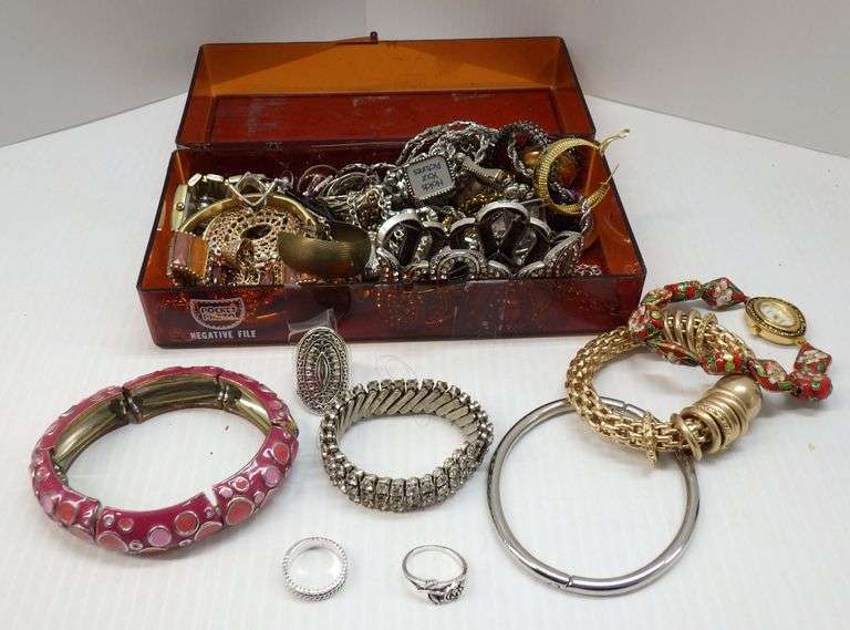 Box with some nice, untested jewelry, box- 4" x 7", as is; Except where ...