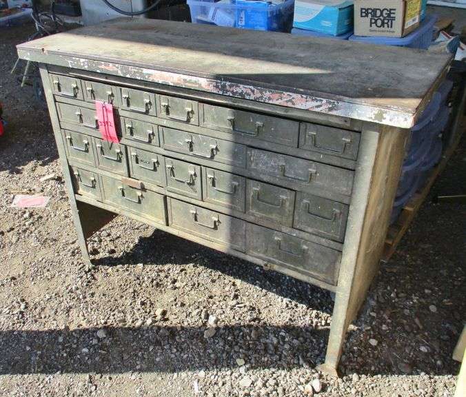 Industrial workbench with steel top, 21-drawer, looks to be military ...